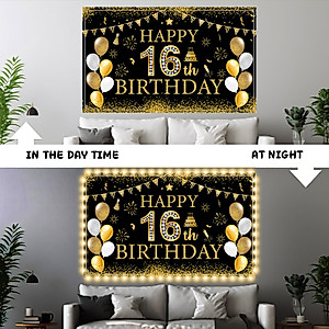 ZOIIWA 16th Birthday Backdrop Lighted Party Decorations Sweet 16 Backdrop with LED Light for Boys Girls Party Supplies Black Gold Happy 16th Birthday Photo Props Background with Light Party Favor