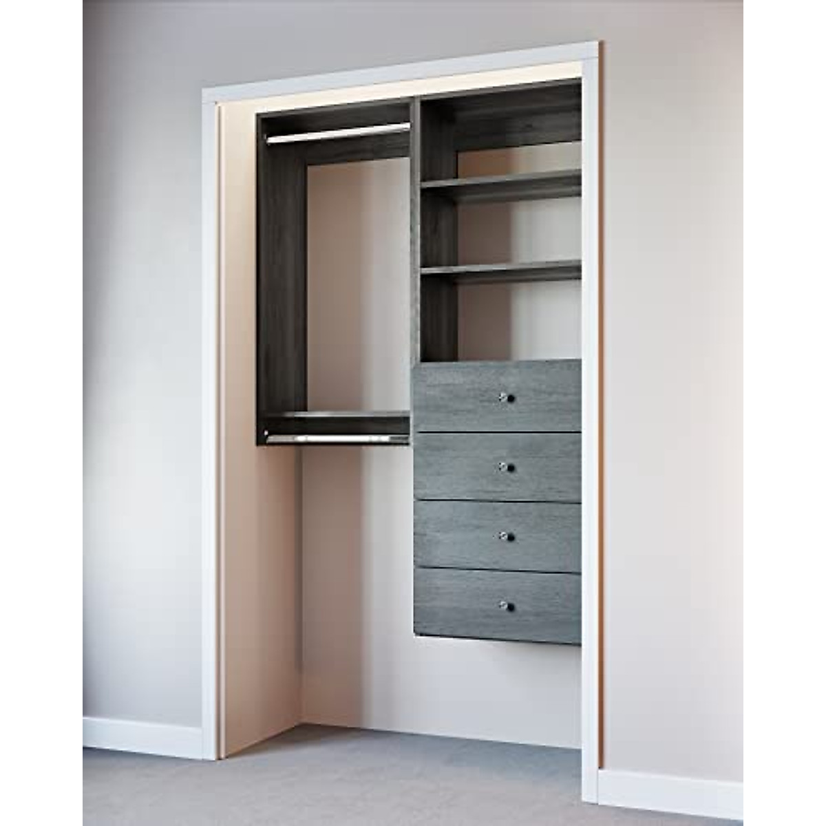 Closet Kit with Hanging Rods, Shelves & Drawers - Corner Closet System - Closet Shelves - Closet Organizers and Storage Shelves (Grey, 54 inches Wide) Closet Shelving