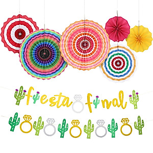Ecore Fun Bachelorette Decorations Fiesta Banner Mexican Fiesta Theme Party Decor Bachelorette Party Decor Supplies, include Fiesta Banner, Glittery Cactus Diamond Pattern Garland, Colorful Fiesta Paper Fans