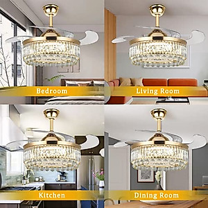 FINE MAKER 42" Ceiling Fan with Bluetooth Speaker,7 LED Colors Reversible 6 Fan Speeds Remote Control, Crystal Chandelier Ceiling Fan,Retractable Blades Fandelier Lighting Fixture fan for bedroom Gold