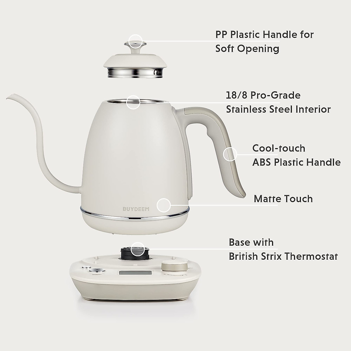 BUYDEEM K821 Electric Gooseneck Kettle with Variable Temperature Control, Pour Over Coffee Tea Kettle, Durable 18/8 Stainless Steel, Auto Keep Warm & Built in Brewing Timer, 0.8L