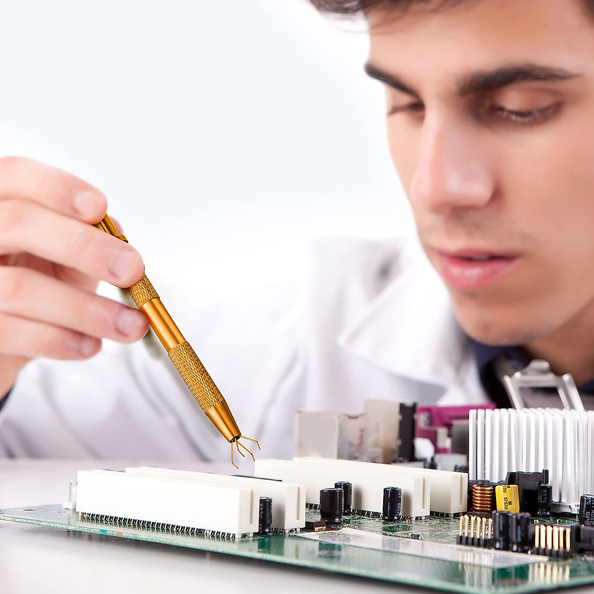 ANCIRS 3 Pack Stainless Steel 4-Claw Pick up Tool for Small Parts Pickup, 4 Prongs Grabber for Tiny Objects in Home, Office - IC Chip, Electronic Components, Nails Clamping- Gold & Silver & Blue