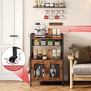 Hencawima Coffee Bar Cabinet, 3 Tier Coffee Station Table on Wheels, Bar Cart with Wire Basket Drawer & 5 Hooks for Home Kitchen, Liquor Buffet Sideboard Cabinet (Rustic Brown)