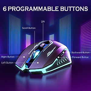 UHURU Wireless Gaming Mouse Up to 10000 DPI, Rechargeable USB Wireless Mouse with 6 Buttons 7 Changeable LED Color Ergonomic Programmable MMO RPG for PC Laptop, Compatible with Windows Mac