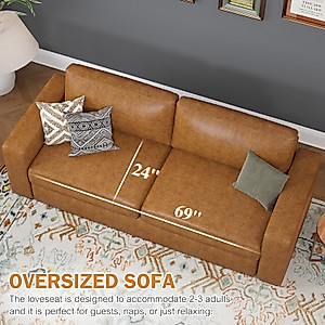 ABCASA 85" Faux Leather Couch with Padded Cushions, Mid-Century Modern Sofa with Extra Deep Seats, 3-Seater Sofa Couch for Living Room Apartment Lounge, Brown