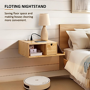 Afuly Floating Nightstand with Charging Station, Modern Night Stand with Drawer Wall Mounted Bedside End Table, Solid Wood Nightstand Side Table Shelf for Bedroom Natural Wooden Decor