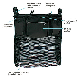 J.L. Childress Cups 'N Cargo Universal Stroller Organizer with Cup Holders and Mesh Storage Compartment - Deep Cup Holders - Multiple Zippered Pockets - Fits Uppababy, Stroller Wagons & more - Black