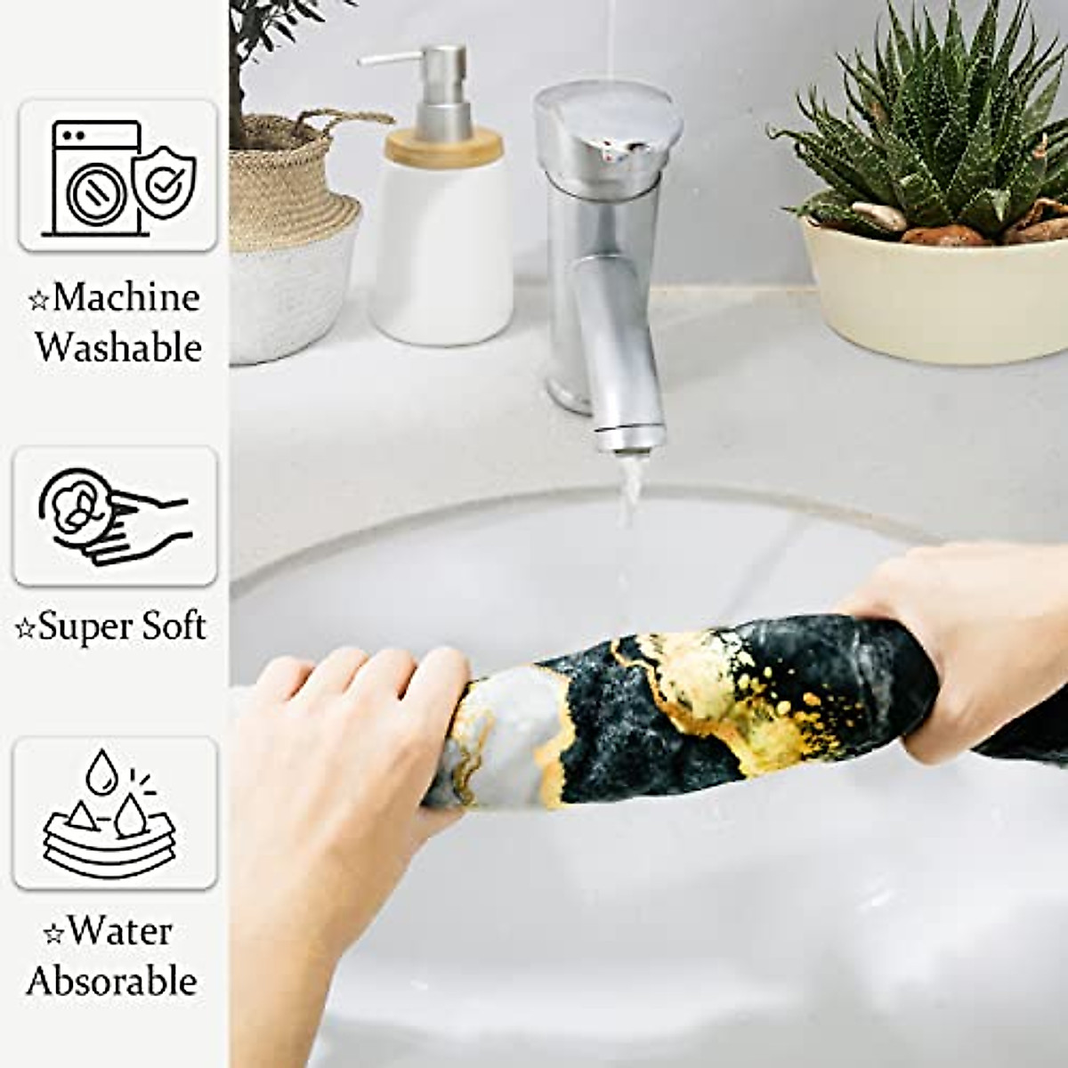 Black Gold Marble Hand Towels for Kitchen Bathroom Decorative Bath Towels Soft Absorbent Kitchen Hand Towels Modern Bathroom Hand Towels for Home Kitchen Bathroom Decor (Set of 2, 13.8x27.6 In)
