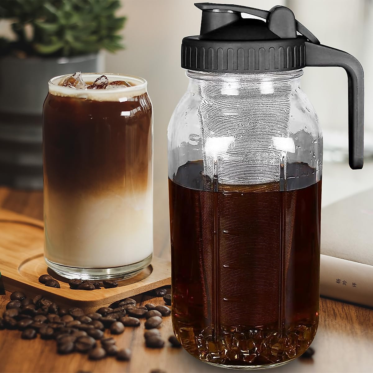 Cold Brew Coffee Maker Pitcher, 32 oz(1 Quart) Thick Glass Mason Jar with Heavy Duty Stainless Steel Filter & Handle for Iced Brew Coffee, Ice Lemonade, Sun Tea