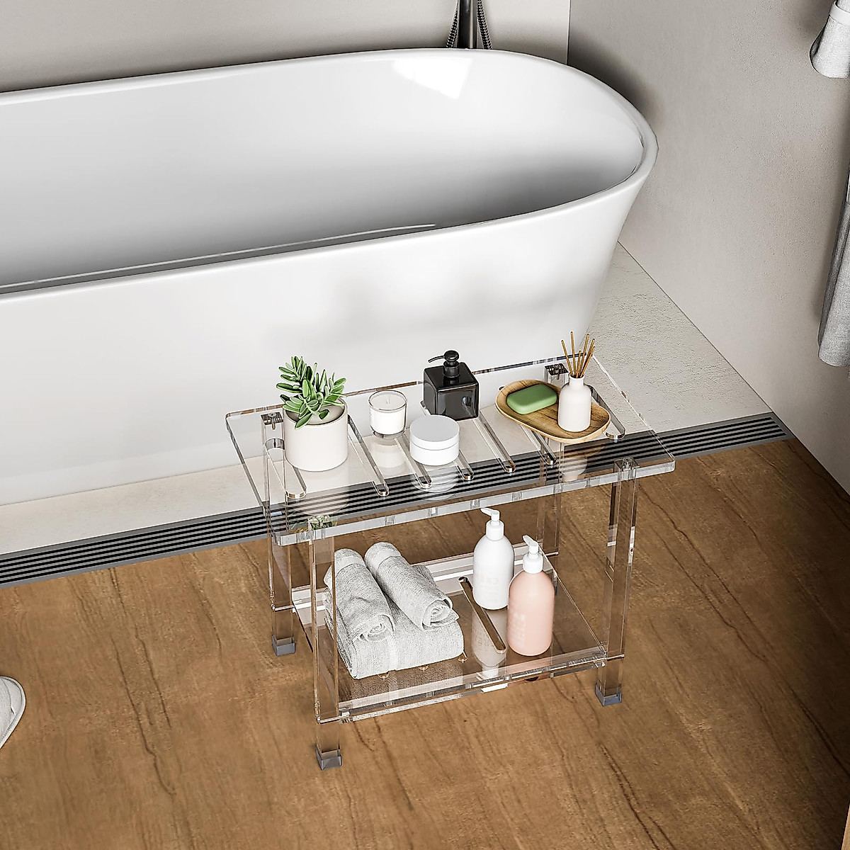 Sumerflos Acrylic Shower Bench for Inside Shower - 12.99" D * 24.02" W * 18.31" H Bathroom Shower Stool with Storage Shelf Heavy Duty (Hold Up To 400lbs) for Shaving Legs Waterproof Non-Slip