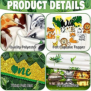 Wild One First Birthday Party Decorations for Boys Jungle Safari Theme Birthday Party Supplies 88 Pcs (Backdrop, Tablecloth, Cake Toppers, Hat, Foil Balloons, Balloons Garland Arch Kit) (Wild One)