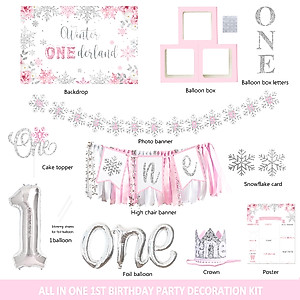 Winter Onederland Birthday Decorations, Winter Onederland 1st Birthday Decorations for Girl, Winter Onederland First Birthday Decor, Snowflake Photo Banner Highchair Banner Balloon Garland Balloon Box