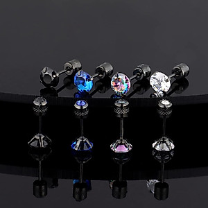 Hopply 4 Pairs Titanium Screw Back Surgical Stainless Steel Earrings for Women Men,Rainbow 5A Cubic Zirconia Studs Double Side Earrings Piercing Sleeper Jewelry 6mm (A-Black Colorful CZ)