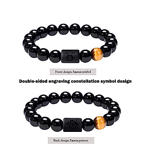 Jade cabbage Couple Bracelet for Men Women 12 Constellation 8mm 10mm Natural Black Onyx Bead Bracelet Distance Friendship Prayer Blessing Bracelet Gifts 6.5"