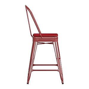 Flash Furniture Kai Commercial 24" High Indoor-Outdoor Counter Height Stool - Red Galvanized Steel Frame - Red Square All-Weather Poly Resin Seat - Removable Back