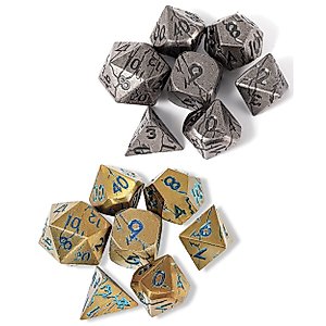 Cracked Iron Ruins Metal Dice + Gold Metal Dice with Blue Cracks
