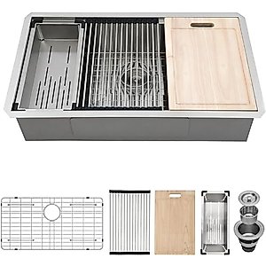 33 Kitchen Sink Undermount - GhomeG 33x19 Inch Undermount Kitchen Sinks Stainless Steel Kitchen Sinks Ledge Workstation Single Bowl 16 Gauge Under Counter Kitchen Sink Basin Round Corners