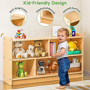 Oirfaxs Montessori Shelf 5-Section Wooden Storage Cabinet, 2-Shelf Toy Storage Organizer, Kids Classroom Bookcase Storage Organizer, Book Shelves for Kids Room, Nursery, Playroom Daycare Furniture