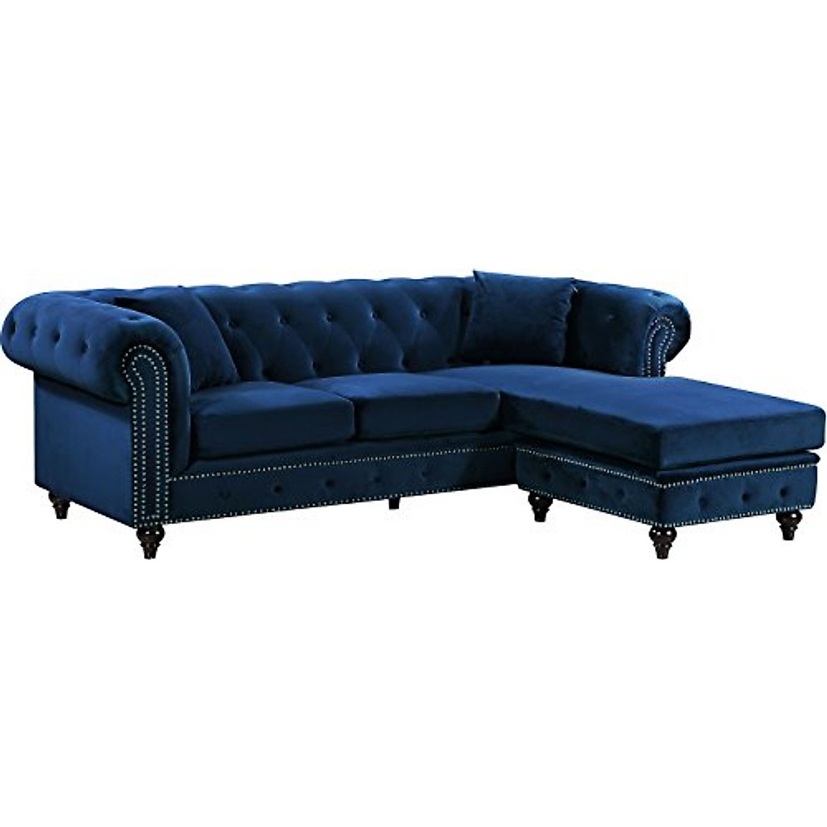 Meridian Furniture Sabrina REVERSIBLE 2 Piece Button Tufted Velvet Sectional with Scroll Arms, Nailhead Trim, and Custom Wood Legs, Navy