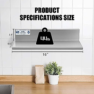 Hally Stainless Steel Wall Shelf 8.6 x 16 Inches 44 lb, NSF Commercial Heavy Duty Wall Mount Floating Shelving for Restaurant, Kitchen, Home, Hotel and Bar, 2 Pack