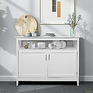 Costzon Kitchen Sideboard Storage Cabinet, Wooden Server Buffet Mid Century Modern Sideboard, Free Standing Narrow Storage Cupboard with 2-Level Open Adjustable Shelf for Home Living Room (White)