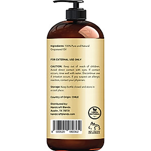 Handcraft Blends Grapeseed Oil - Cold-Pressed 16 Fl Oz - 100% Pure and Natural - Premium Grade Carrier Oil for Skin and Hair - Hair and Body - Massage - Hexane-Free