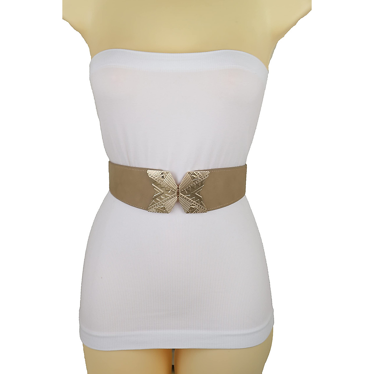 TrendyFashionJewelry Women Fashion Elastic Wide Waistband Belt Hip High Waist X Shape Gold Metal Buckle S M Beige