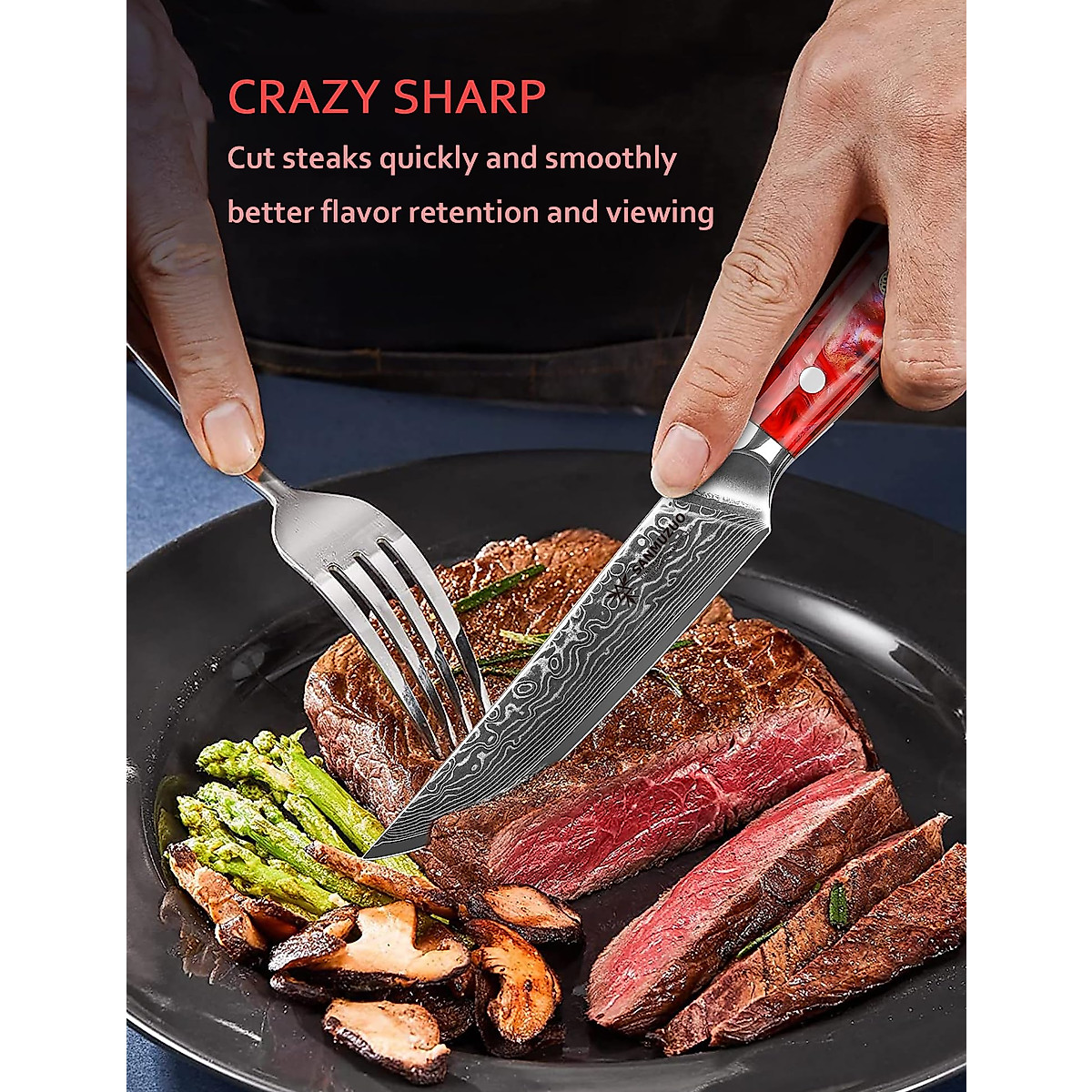 SANMUZUO Steak Knives Set of 4, Ultra Sharp Non Serrated Kitchen Steak Knife 5 Inch - Damascus Steel & Resin Handle - Xuan Series (Sunset Red)