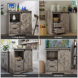 Ahvqevn Farmhouse Coffee Bar Cabinet, 33.64" Coffee Bar Cabinet with 2 Drawers and 3 Open Storage Shelf, Kitchen Hutch Buffet Storage Cabinet Design for Kitchen, Living Room, Entryway, Grey