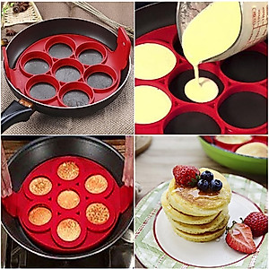 Flip N Cook Pancake, Flip N Cook Silicone Pancake Mold, Flip and Cook Pancake Maker, Reusable Fried Egg Molds, Flip'n'cook Silicone Pancake Mold, Reusable silicone omelet mold (Round-Red+Heart-Pink)