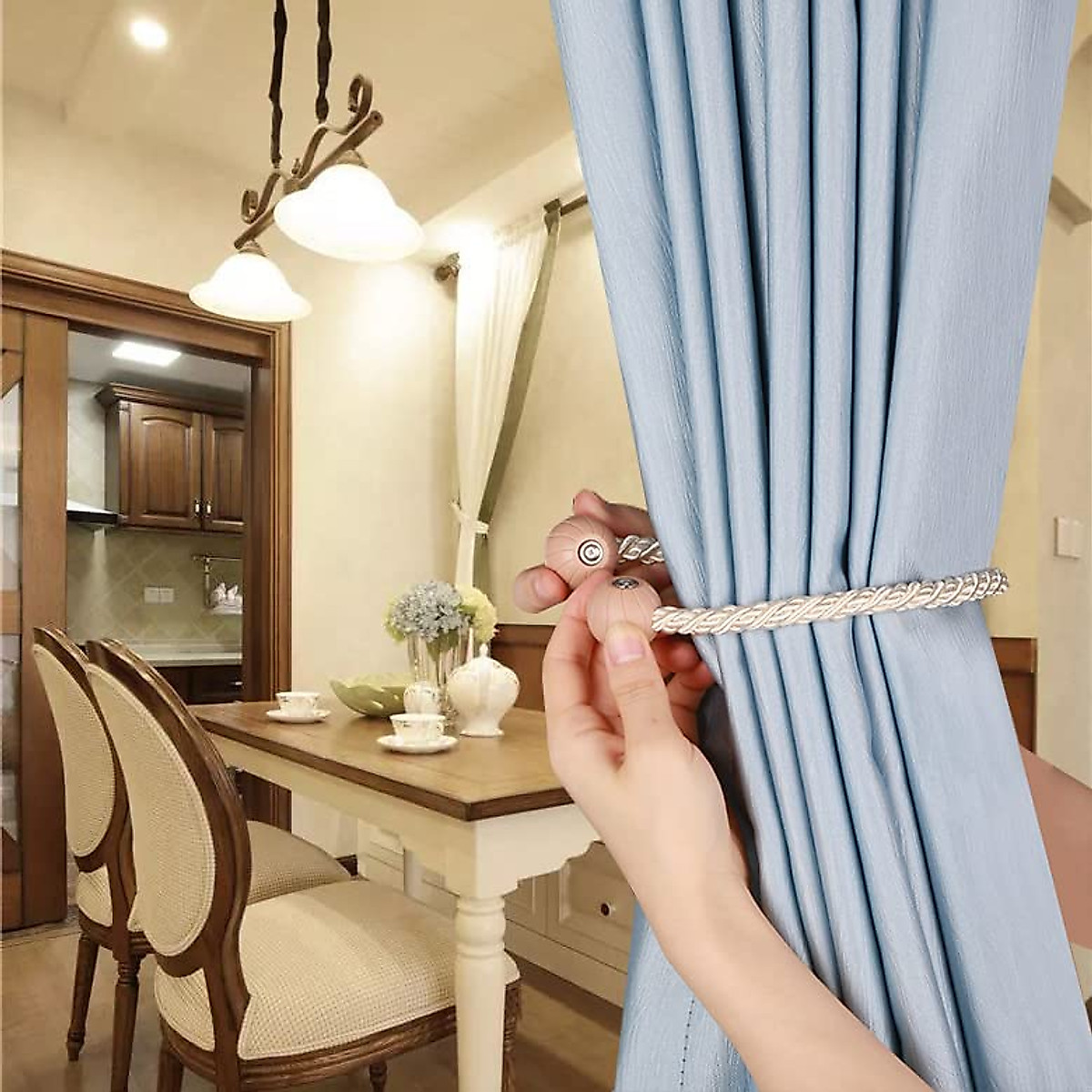 Fenghuangwu 2 Pack Magnetic Curtain Tiebacks for Drapes,Outdoor Elegant Decorative Tie Backs Weave Holdbacks for Blackout Sheer Window Treatment, Upgrade (Silver, Ball)