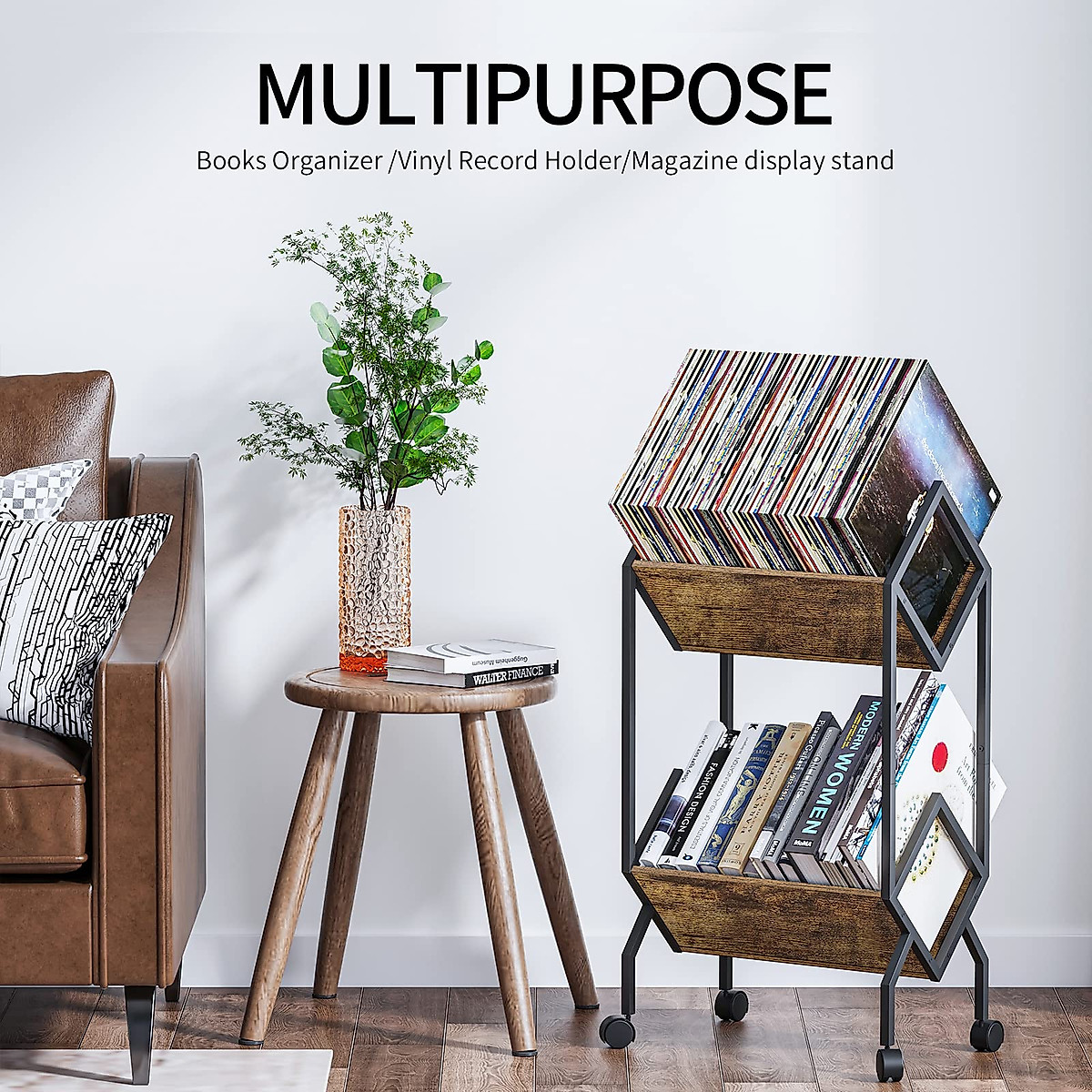 Giikin 2-Tier Vinyl Record Storage Holder, Holds up to 160-200 LPs, Mobile Metal and Wooden Vinyl Record Organizer Stand with Casters, Storage, Protects Vinyl - Organize Albums - Book, Magazine, Files