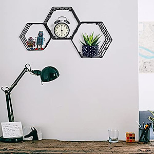 ERYTLLY Hexagon Hanging Floating Shelves, Wall Mounted Metal Farmhouse Storage Honeycomb Decorative Shelf Display Set of 3 - Modern Room Decor for Bathroom, Kitchen, Bedroom (Black)