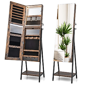 CHARMAID LED Strip Jewelry Armoire with Full Length Mirror, Lockable Jewelry Cabinet Organizer with 3-Color Lights, 3 Brush Boxes, 2 Drawers, Bottom Storage Shelf, Metal Frame (Rustic Brown)