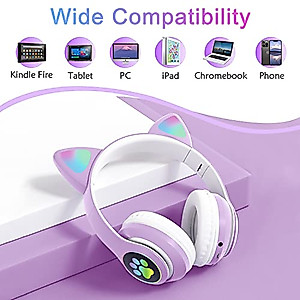 TOKANI Wireless Over-Ear Headphones with Microphone, Bluetooth Cat Ear Headphones for Kids Teens Adults Girls Women (Purple)