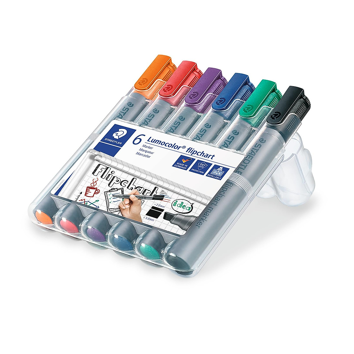 STAEDTLER 356 B WP6 Lumocolor Flipchart Markers, Chisel Tip 2-5mm Line Width - Assorted Colours (Pack of 6)