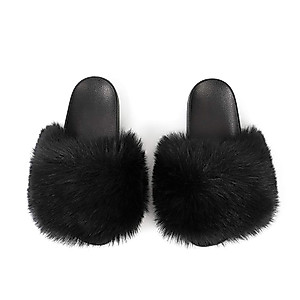 FUNKYMONKEY Women's Slides Faux Fur Cute Slip On Fuzzy Slippers Comfort Flat Sandals (10 M US, New Black)