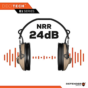 Defender Safety Decitech E1 Electronic Active Hearing Protection, Shooting, Range, Hunting, Tactical Earmuffs, 24 NNR Rated. (Olive Green)