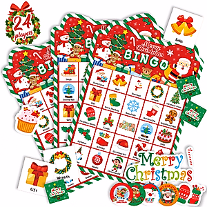 Funnlot Christmas Bingo Game for Kids, Christmas Games Christmas Crafts Christmas Activities with Reward Stickers for Kids Large Group Classroom Family Party Xmas