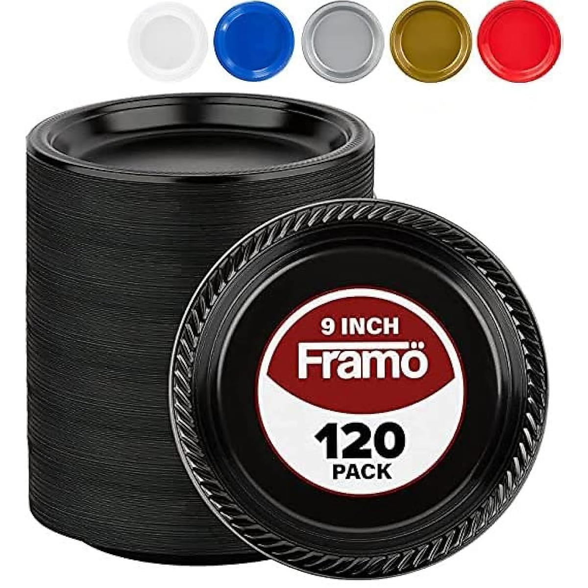 FRAMO Disposable Black Plastic Plates, Pack of 120-9-Inch Round Plastic Plates Special Events, Party, Dinner, Picnic, or Travel - Bulk Pack Party Supplies