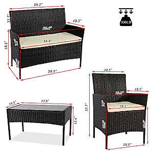 4 Pieces Outdoor Patio Furniture Sets, Wicker Chair Conversation with Cushion, Outdoor Indoor Use with Coffee Table for Backyard Porch Garden Poolside Balcony (Black)