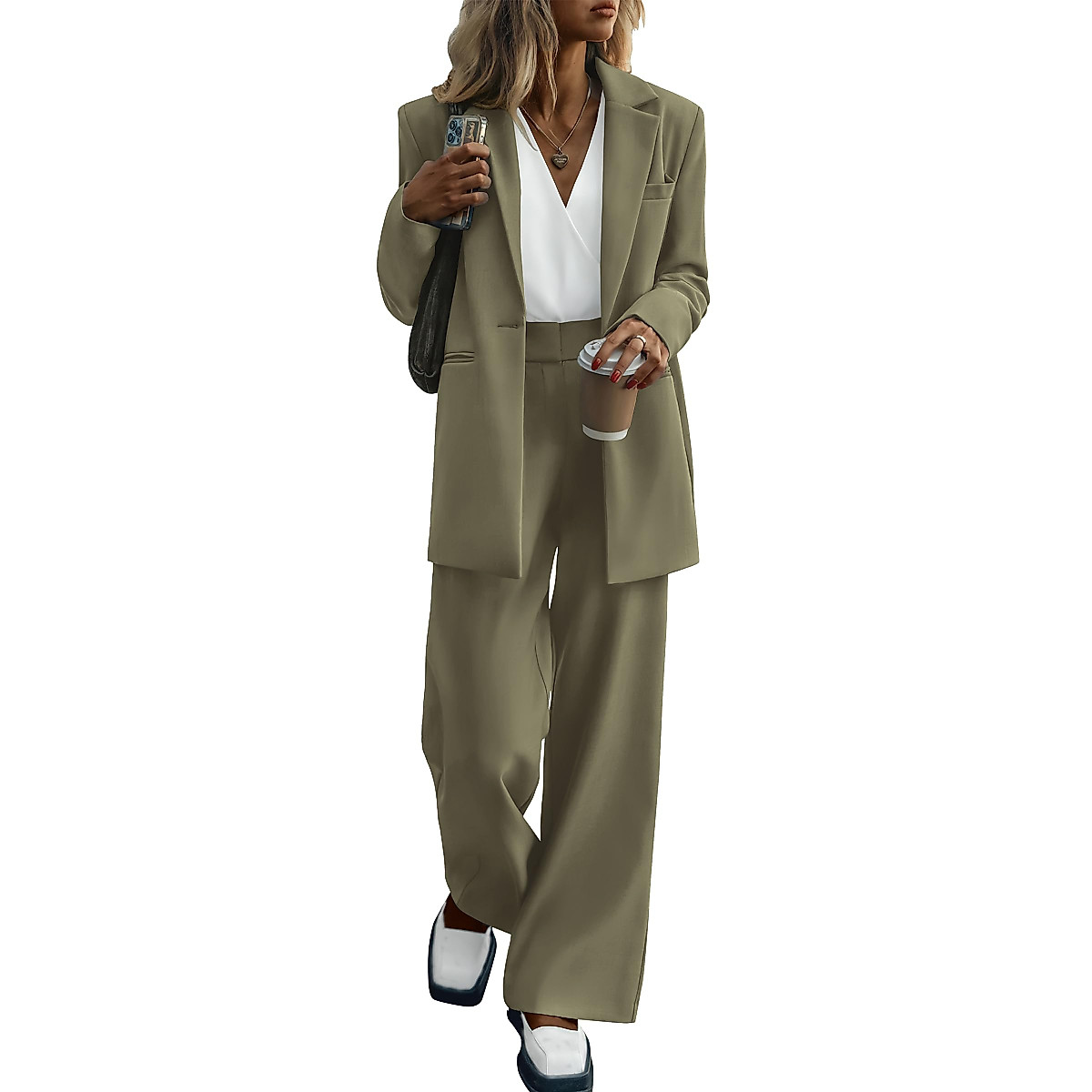 PRETTYGARDEN Women's 2024 Fall Two Piece Outfits Blazer Jacket and Wide Leg Pants Pockets Business Casual Suit Sets (Army Green,Large)