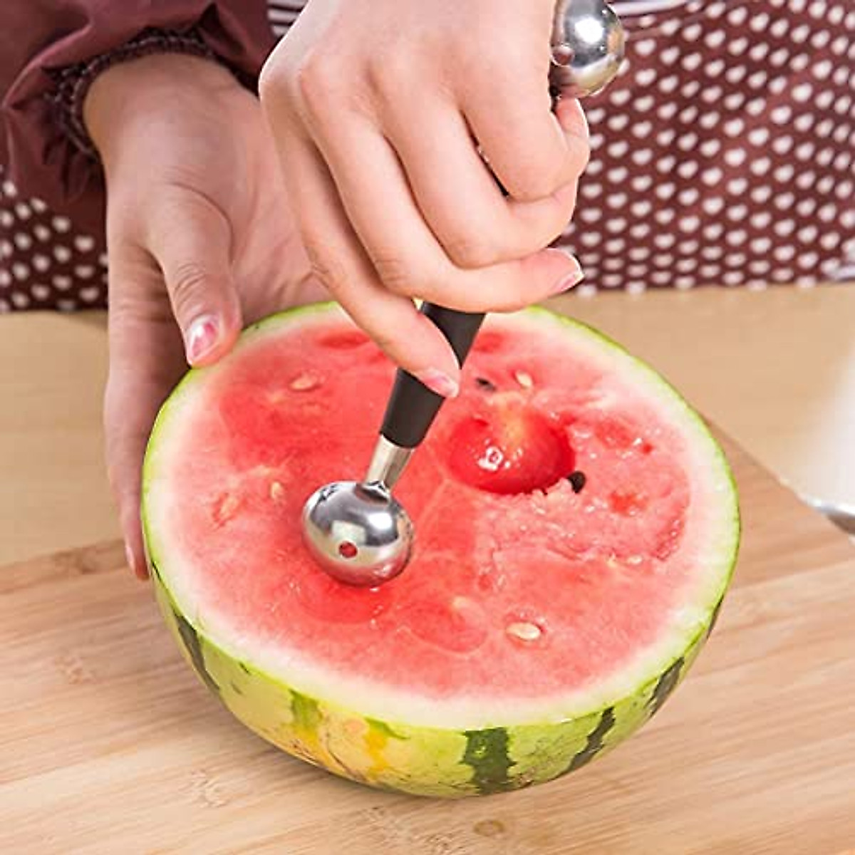 Double-Sided Fruit Melon Baller Spoon, 2 in 1 Stainless Steel Melon Ballers Melon Scoop for Watermelon Cantaloupe Ice Cream,18cm, Black/Silver