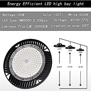 Superyofo 6 Pack 250W UFO LED High Bay Light,30000lm 6000K Daylight 1800W Equivalent with US Plug Cable LED Garage Lights Commercial Warehouse Area Light Workshop Garage Factory Lowbay Area Lighting