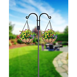 STAUKOK Double Shepherds Hooks for Outdoor, 2 Pack 92 Inch Bird Feeder Pole with 5 Prongs Base, Heavy Duty Garden Hook for Hanging Plant, Lantern, Hummingbird Feeder