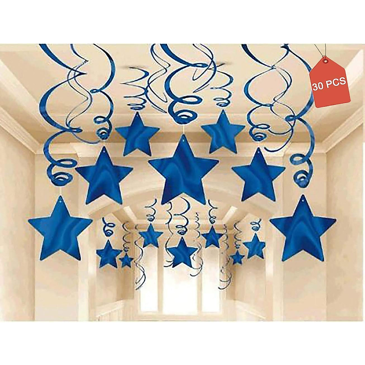 AimtoHome Party Swirl Decorations, Hanging Swirl for Ceiling Decorations, Blue with Star, Pack of 30