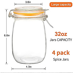DANALLAN Wide Mouth Mason Jars, 4Pcs 32 oz Glass Jars with Airtight Lid Large Mason Canning Jars Clear Storage Canister Jars with Measurement Marks for Canning Flour Jam Jelly Coffee Sugar Beans