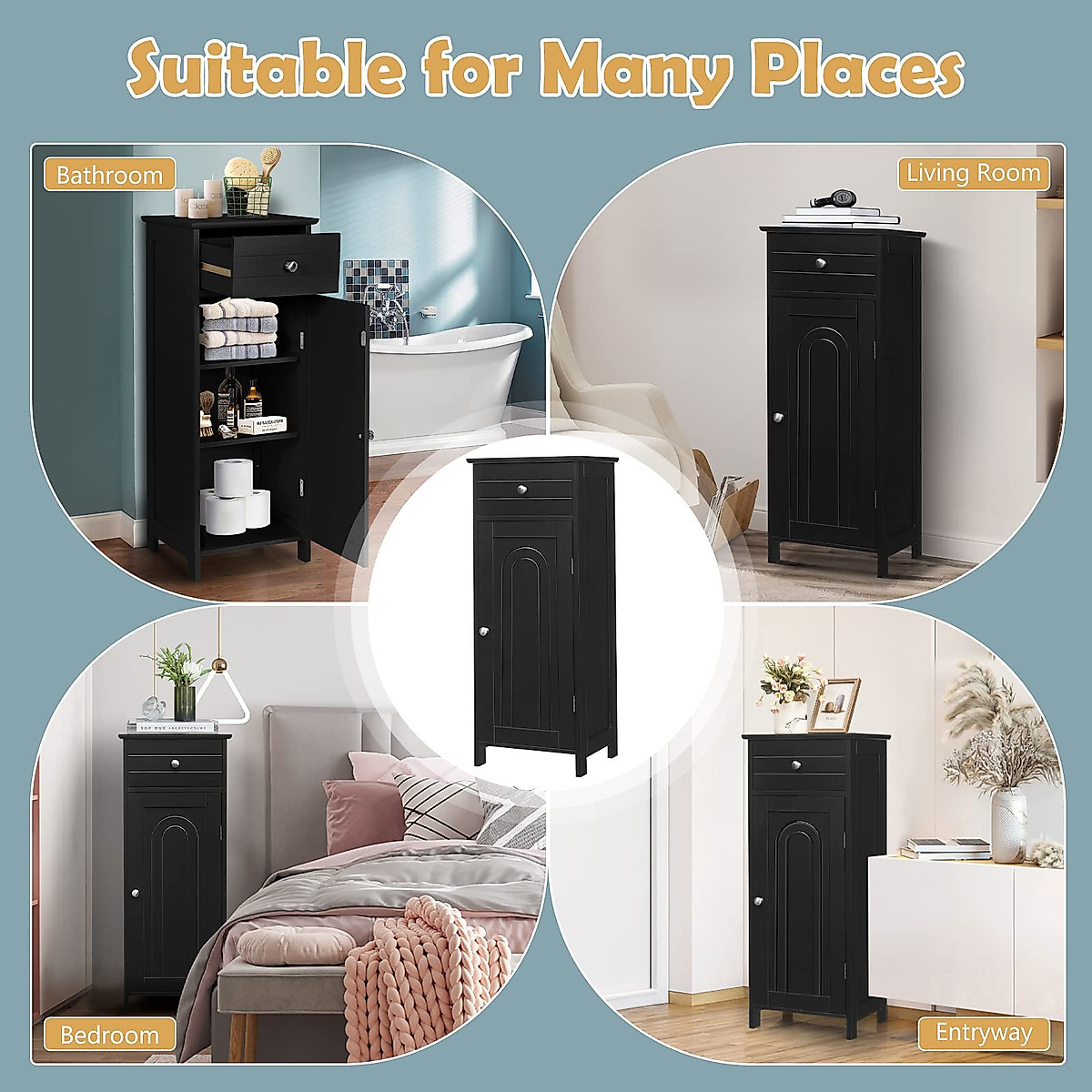 MAT EXPERT Floor Storage Cabinet, Bathroom Freestanding Side Storage Organizer, Single Door Floor Storage Cabinet w/Drawer & Adjustable Shelves, Modern Side Cabinet for Entryway Living Room (White)