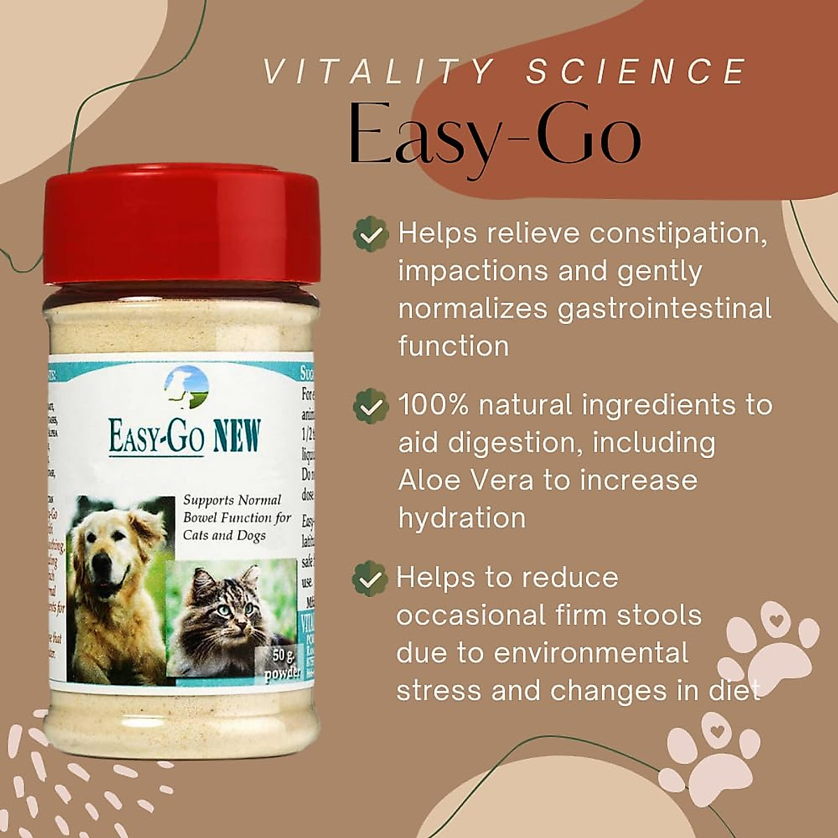 Vitality Science Easy-Go Supplement for Cats and Dogs | Supports Normal Bowel Function | Relieves Constipation | Promotes Healthy Digestive System | Easy Digest | 100% Natural & Additive Free (215g)