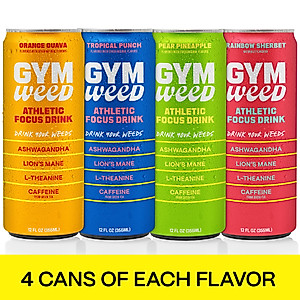GYM WEED Athletic Focus Drink with KSM-66 Ashwagandha, Lion's Mane Mushroom, L-Theanine, 200mg Green Tea Caffeine with Natural Sweeteners Variety Pack of flavors, 12 Pack